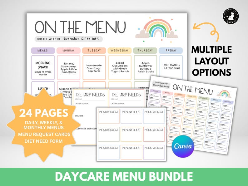 Daycare Menu Template Bundle Canva | Business Resource Daily, Weekly ...