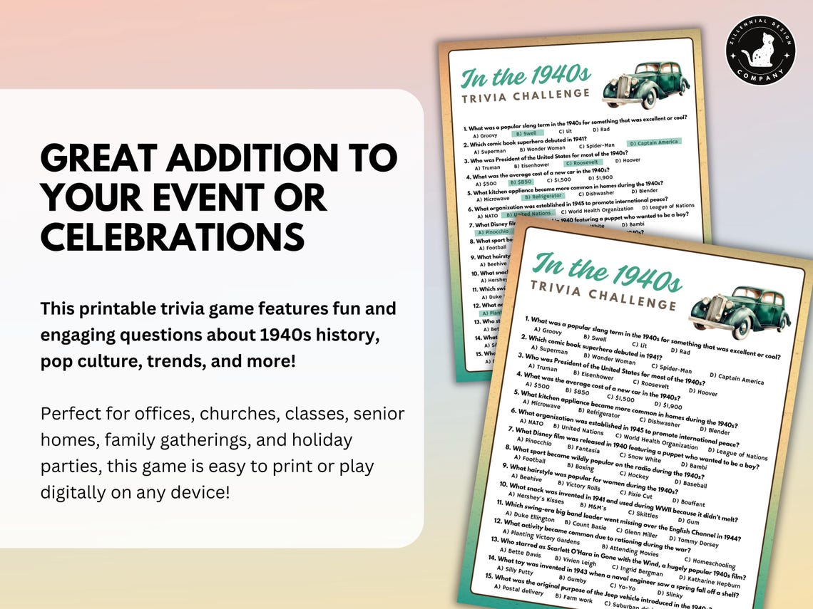Printable 1940s Trivia Questions Game | Decades Trivia 1945 WWII Fun AP ...