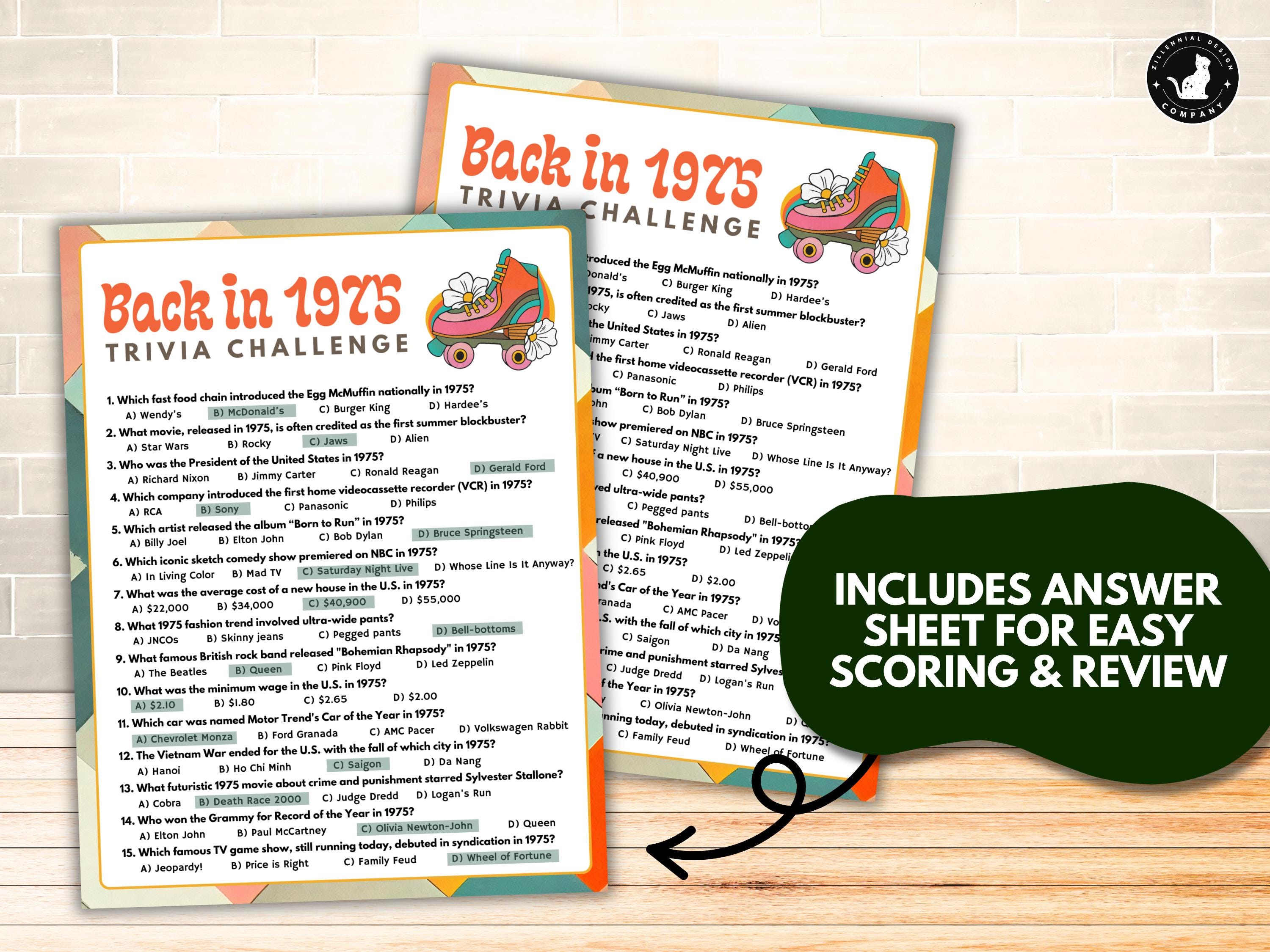 1975 Trivia Game With Answers: Printable Party Activity for Parties ...