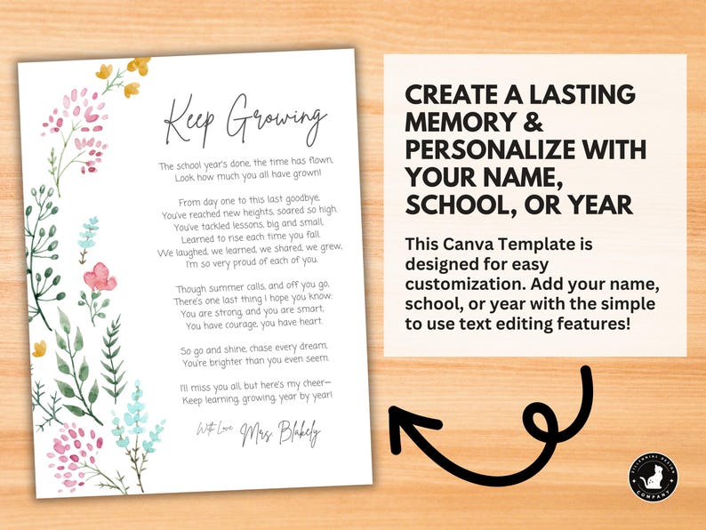 End of Year Poem Teacher Gift Canva Template | Printable End of School ...