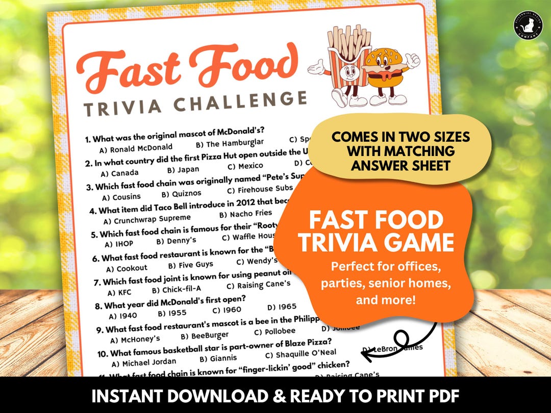 Fast Food Trivia Game With Answers: 15 Printable Questions Parties ...