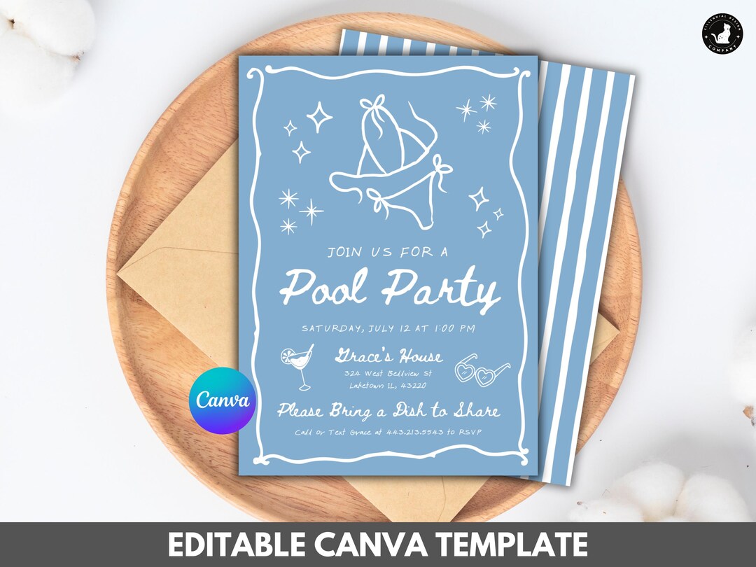 Adult Pool Party Invitation: Hand-sketched Canva Template (5x7" Digital ...