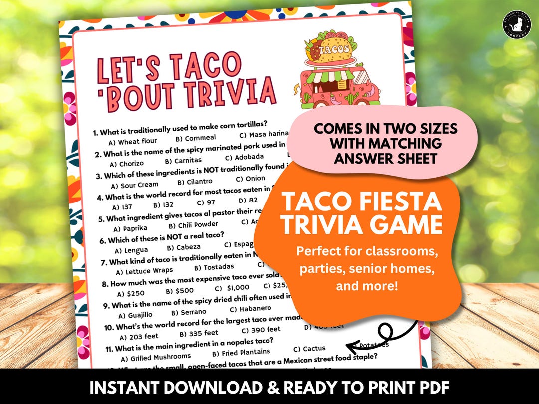 Printable Taco Trivia Game | Fiesta Cinco De Mayo Trivia Questions Kids ...