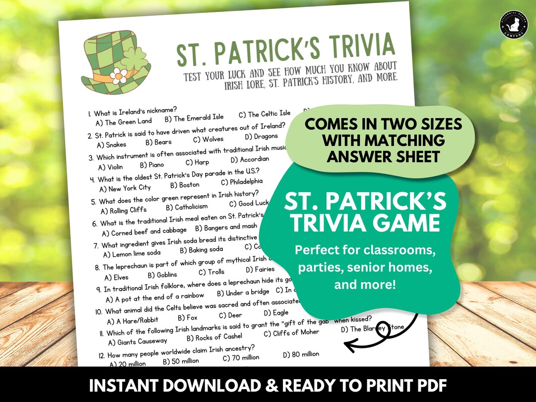 St Patricks Day Trivia Game Printable | Easy Activity St. Paddy Party ...