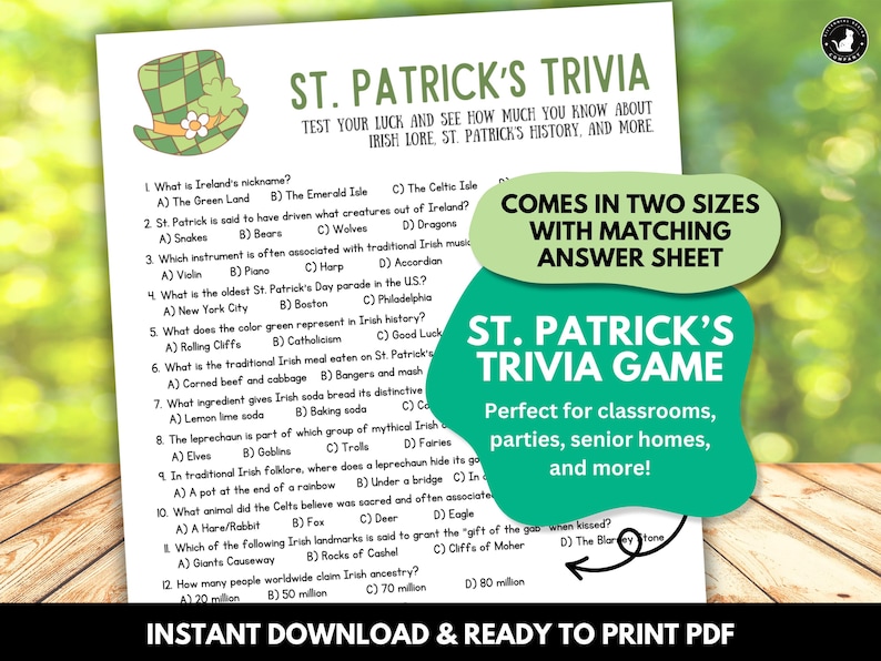 St Patricks Day Trivia Game Printable | Easy Activity St. Paddy Party ...