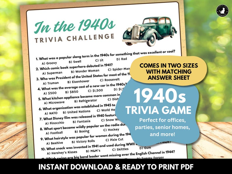 Printable 1940s Trivia Questions Game | Decades Trivia 1945 WWII Fun AP ...