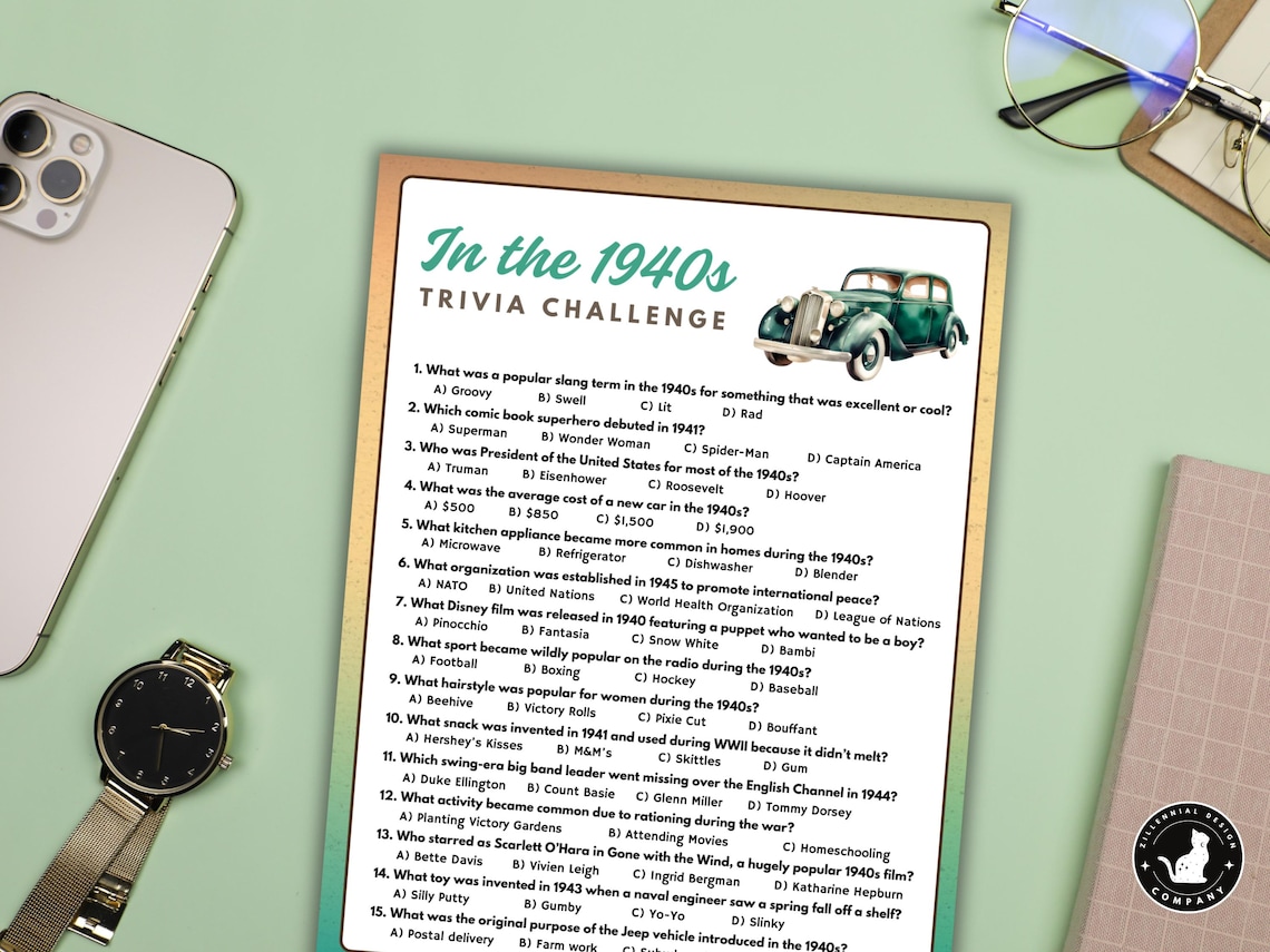 Printable 1940s Trivia Questions Game | Decades Trivia 1945 WWII Fun AP ...