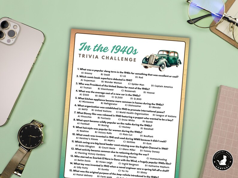 Printable 1940s Trivia Questions Game | Decades Trivia 1945 WWII Fun AP ...