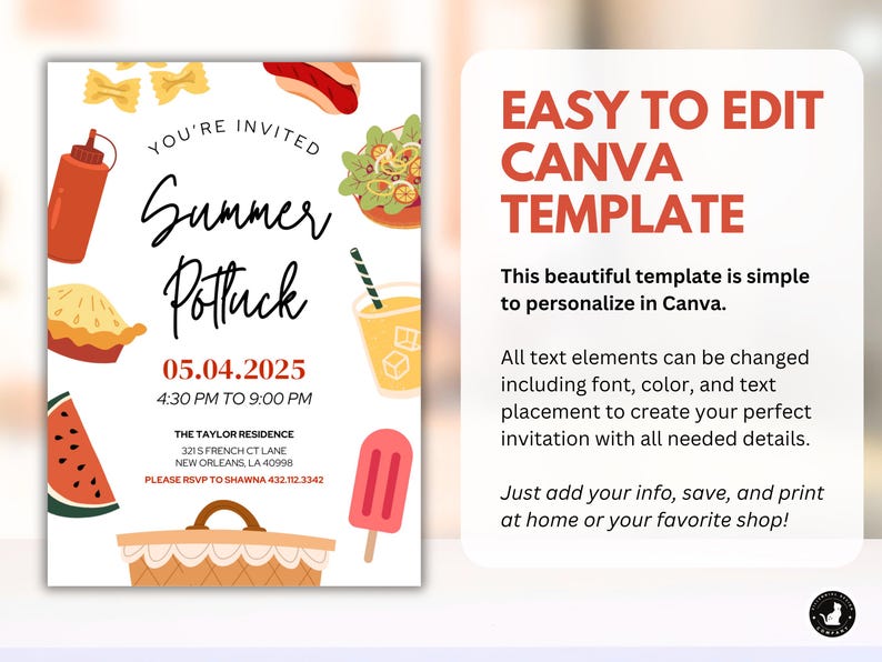 Editable Summer Potluck Picnic Invitation Canva Template for Printed or ...