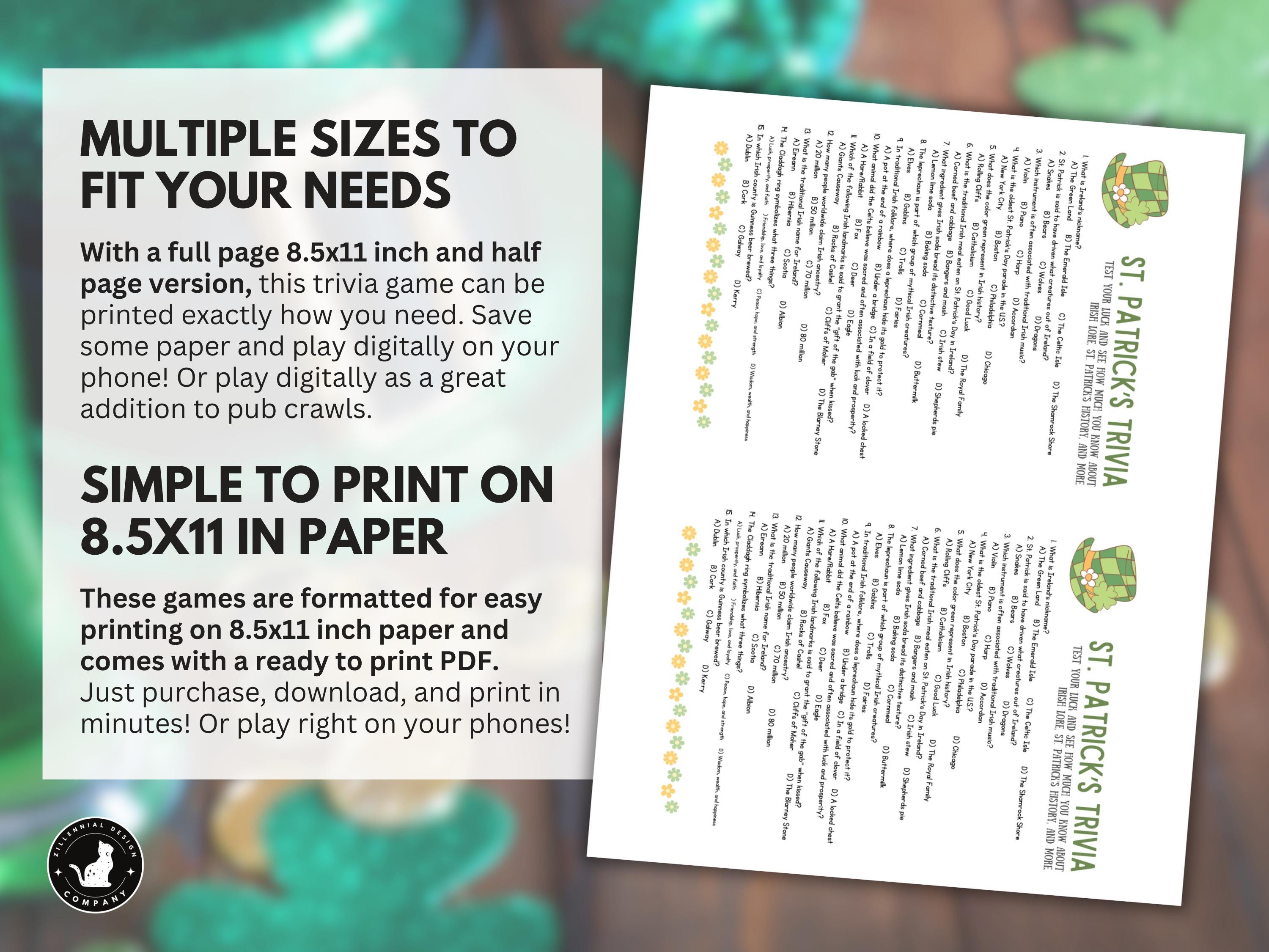 St Patricks Day Trivia Game Printable | Easy Activity St. Paddy Party ...