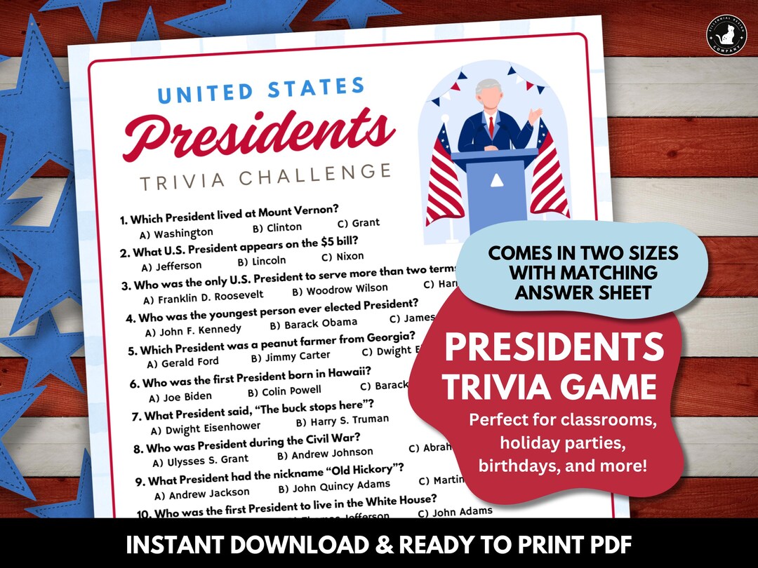 U.S. Presidents Trivia Game With Answers: Printable Questions for ...