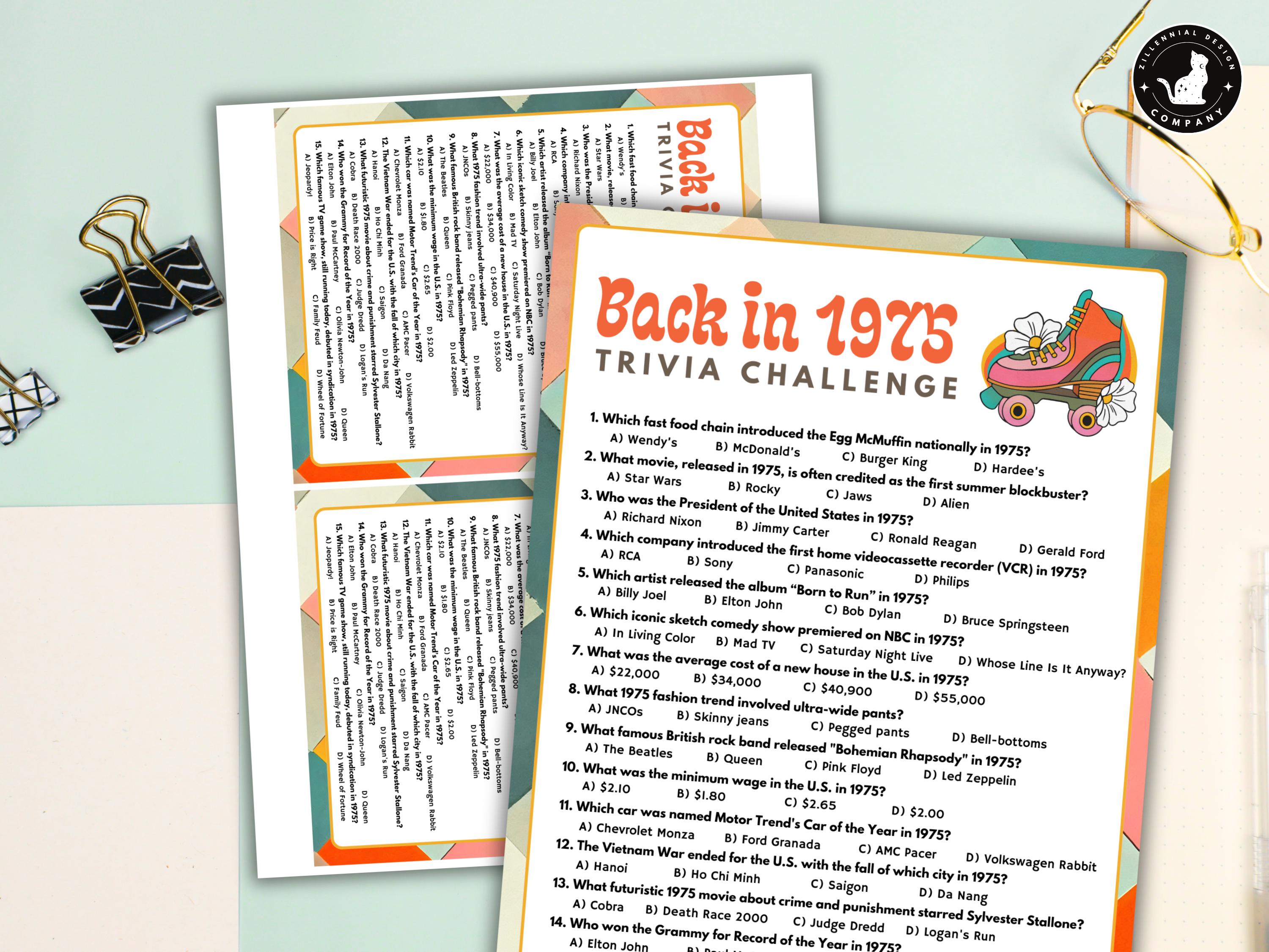 1975 Trivia Game With Answers: Printable Party Activity for Parties ...