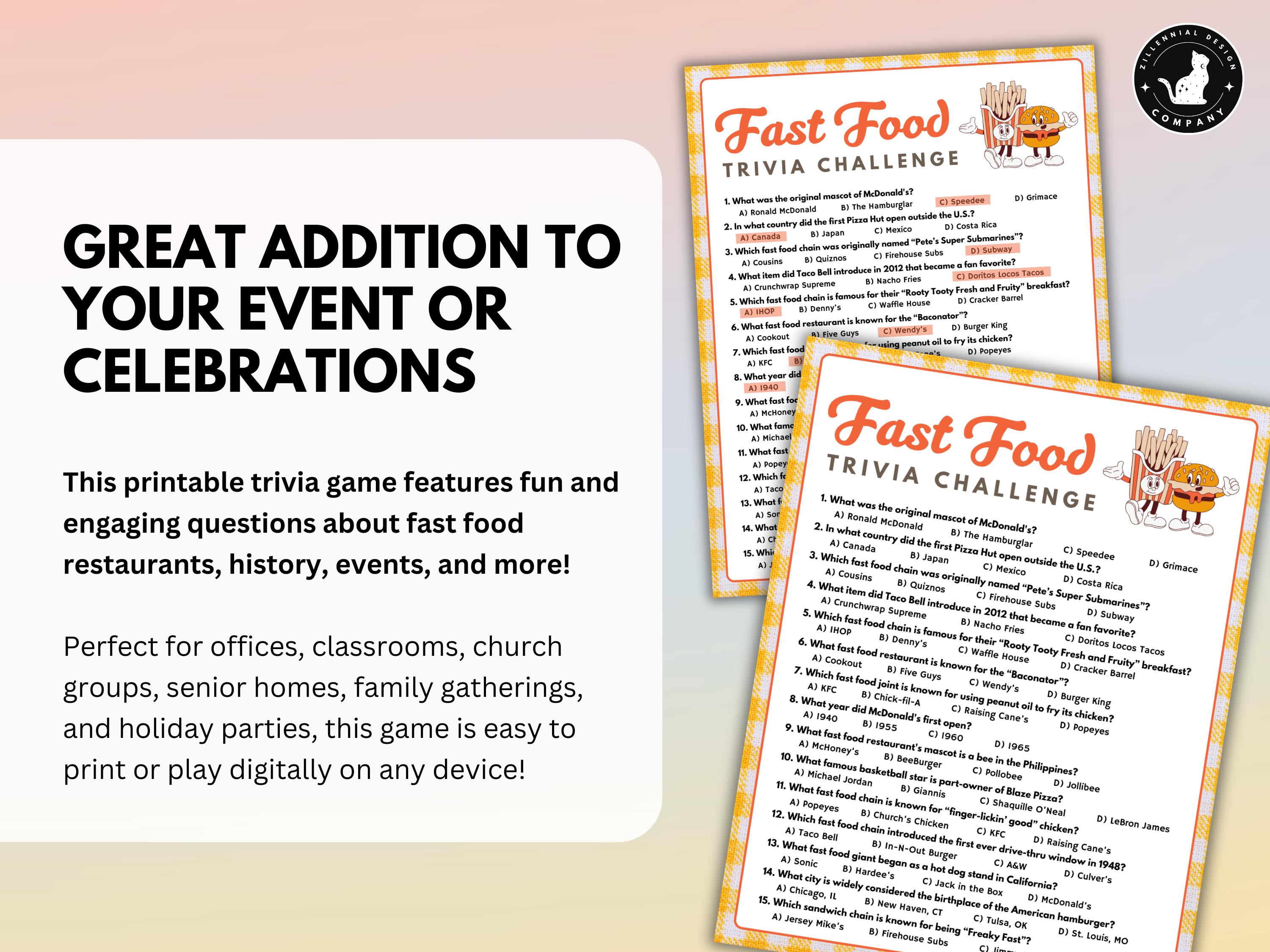Fast Food Trivia Game With Answers: 15 Printable Questions Parties ...