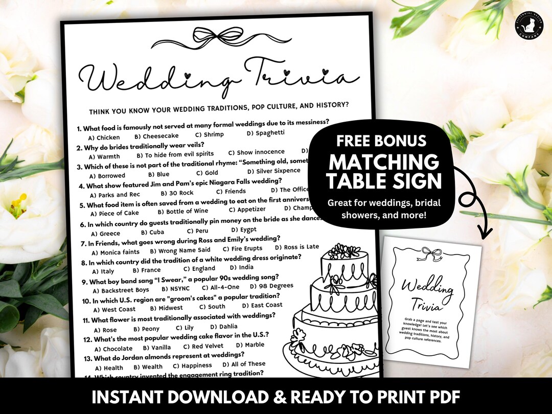 Printable Wedding Table Trivia Questions Game Bridal Shower ...