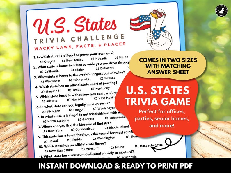 Printable Weird U.S. States Trivia Questions Game | State Laws History ...