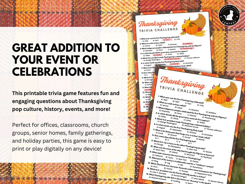 Thanksgiving Trivia Game With Answers: Printable Holiday Trivia for ...