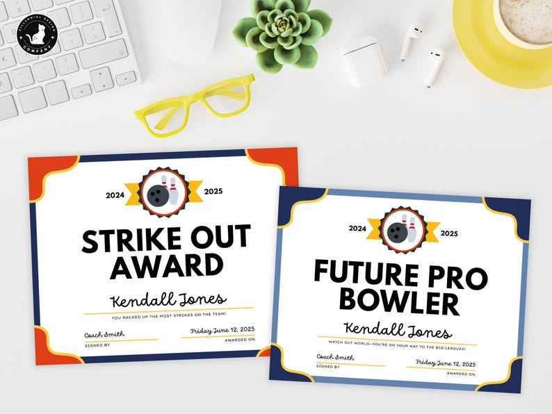 Funny Bowling Awards Certificates: Kids Sports Banquet Canva Template ...