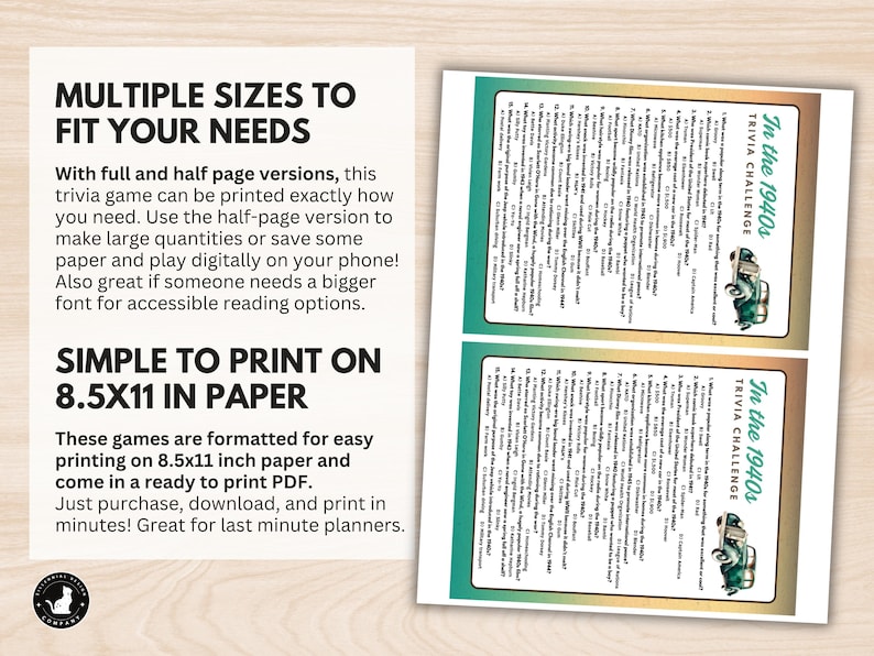 Printable 1940s Trivia Questions Game | Decades Trivia 1945 WWII Fun AP ...