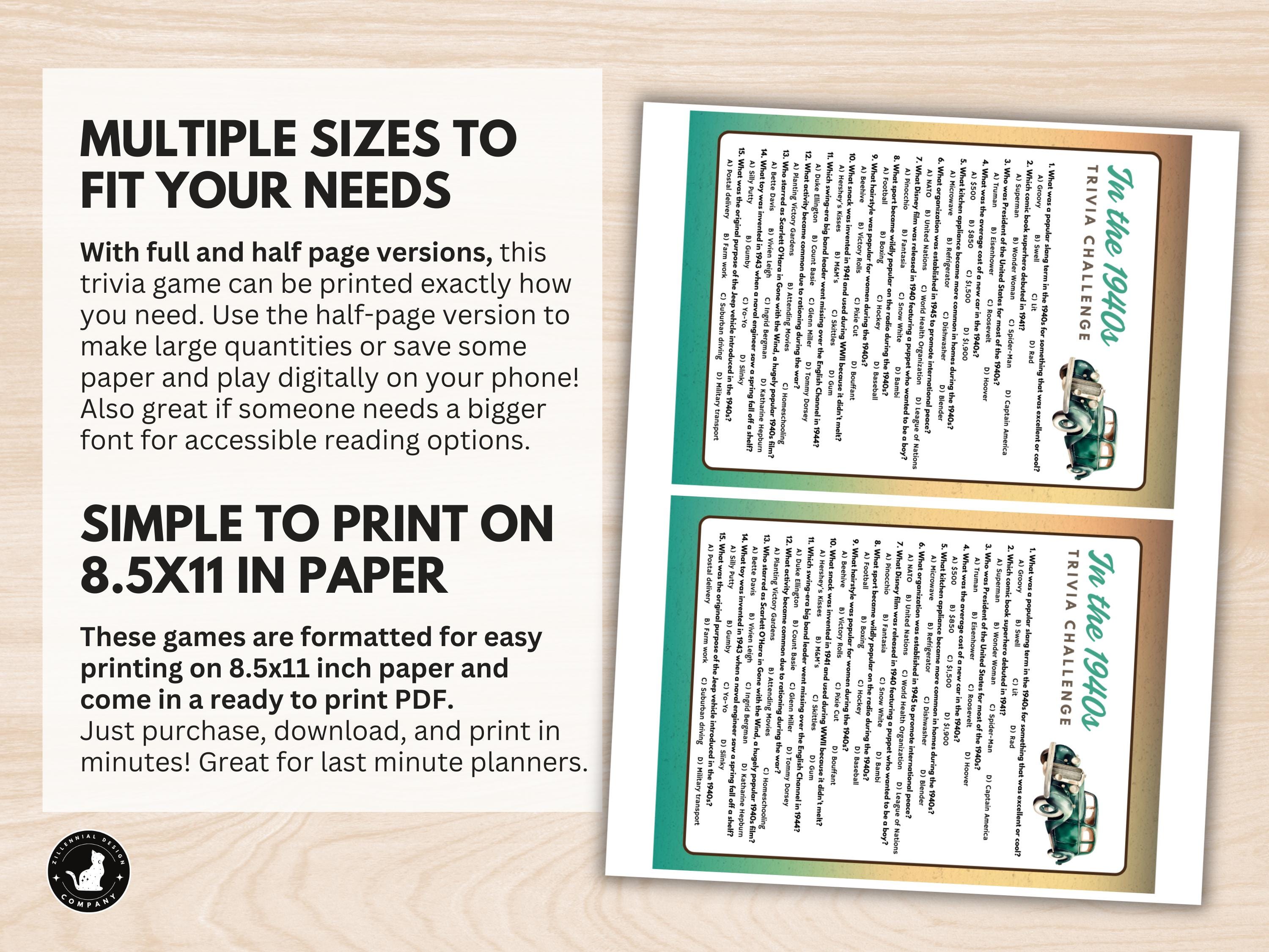1940s Trivia Quiz Game With Answers: Printable Party Game Parties, Baby ...