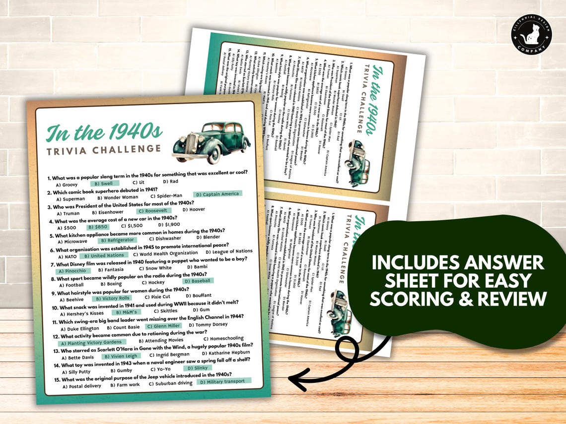 1940s Trivia Quiz Game With Answers: Printable Party Game Parties, Baby ...