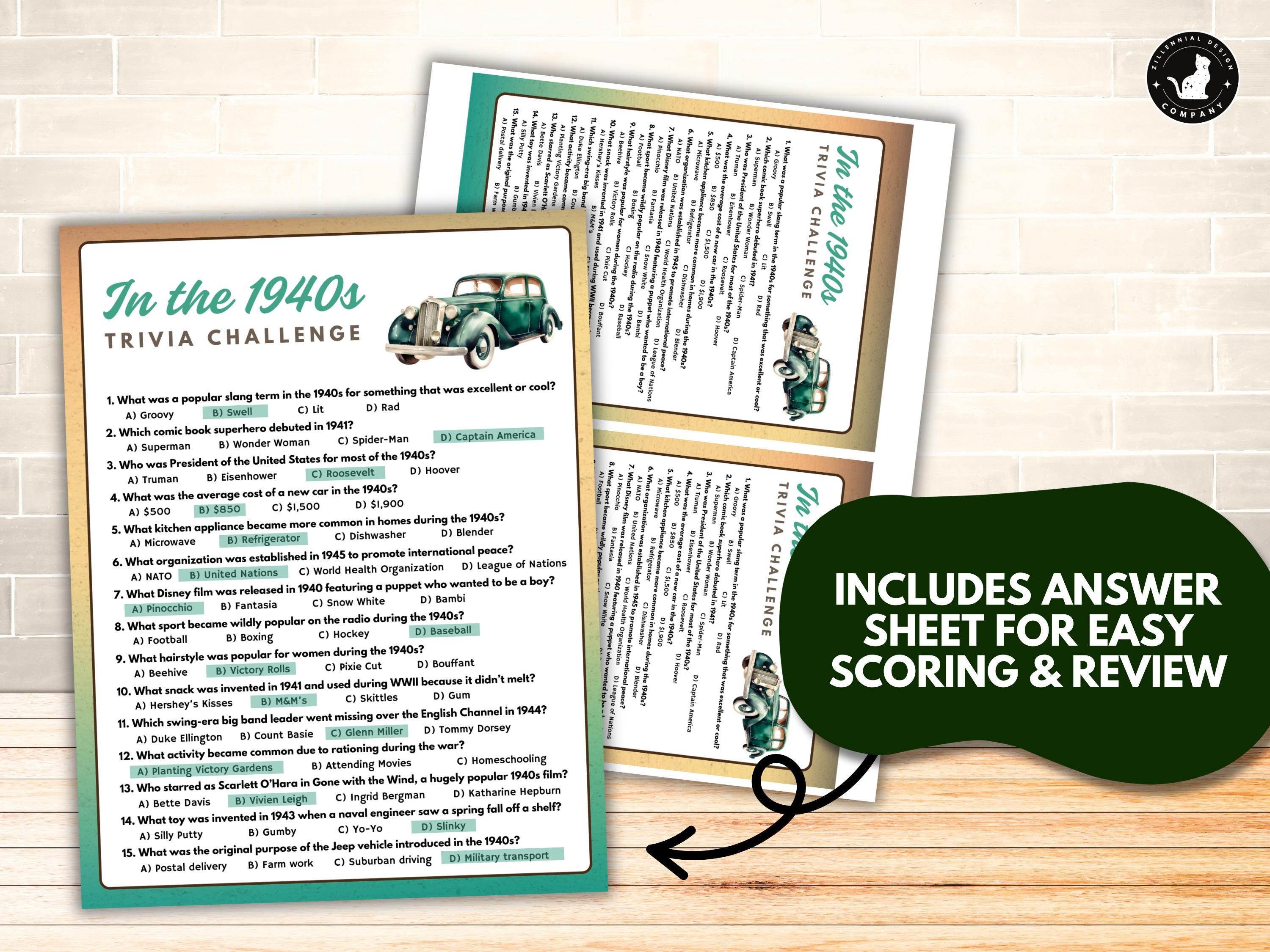 Printable 1940s Trivia Questions Game | Decades Trivia 1945 WWII Fun AP ...