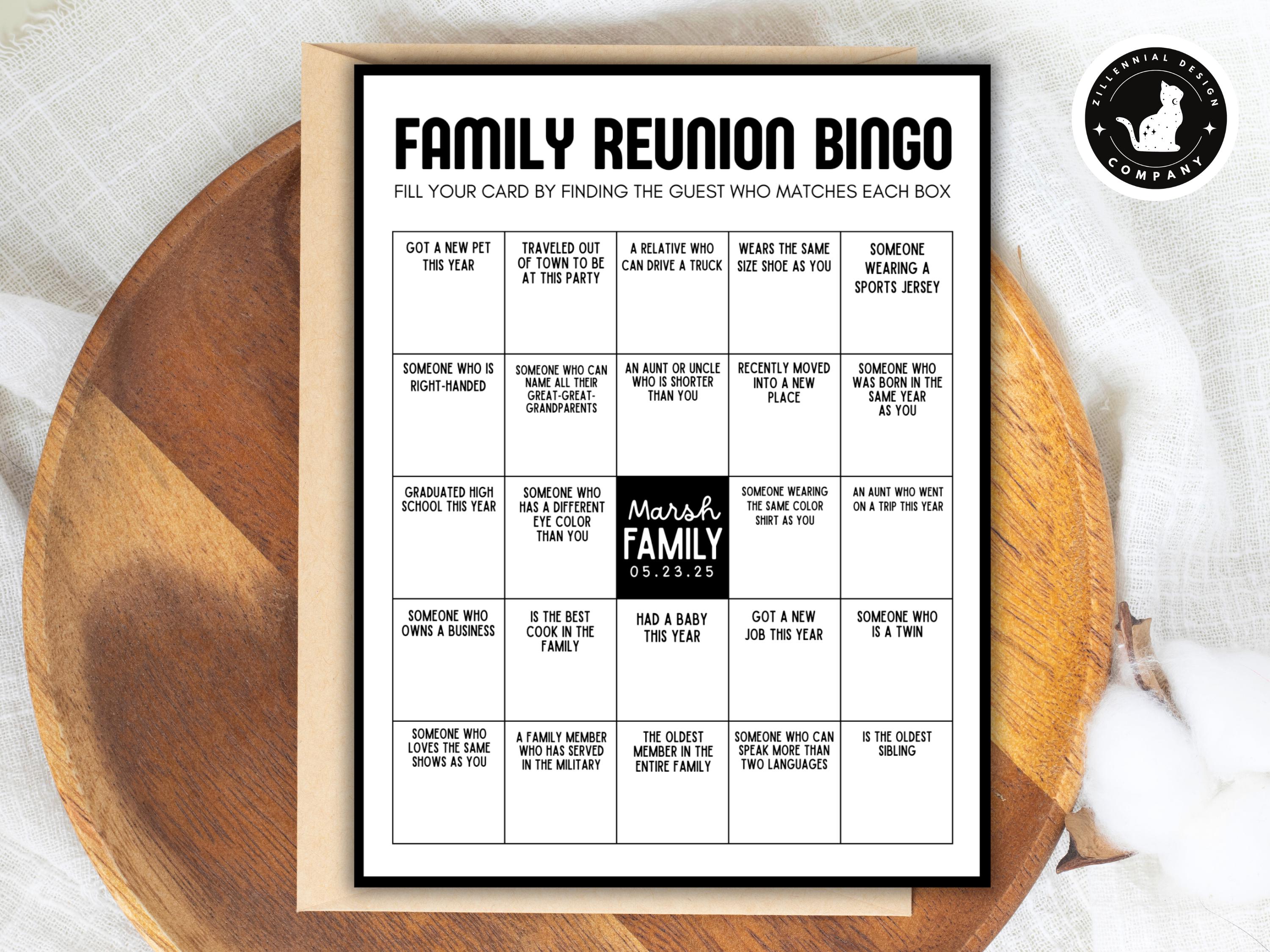 Family Reunion Bingo Game Printable Canva Template | Custom Find the ...