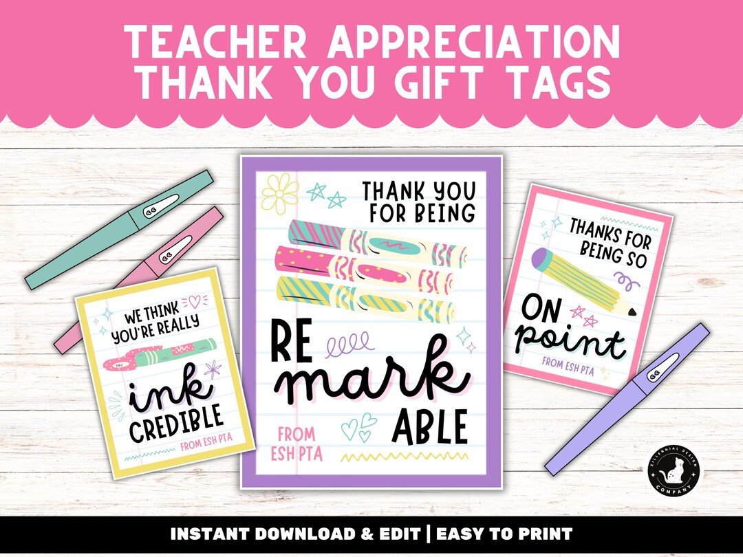 Remarkable Teacher Appreciation Week Gift Tags Thank You Editable Canva ...