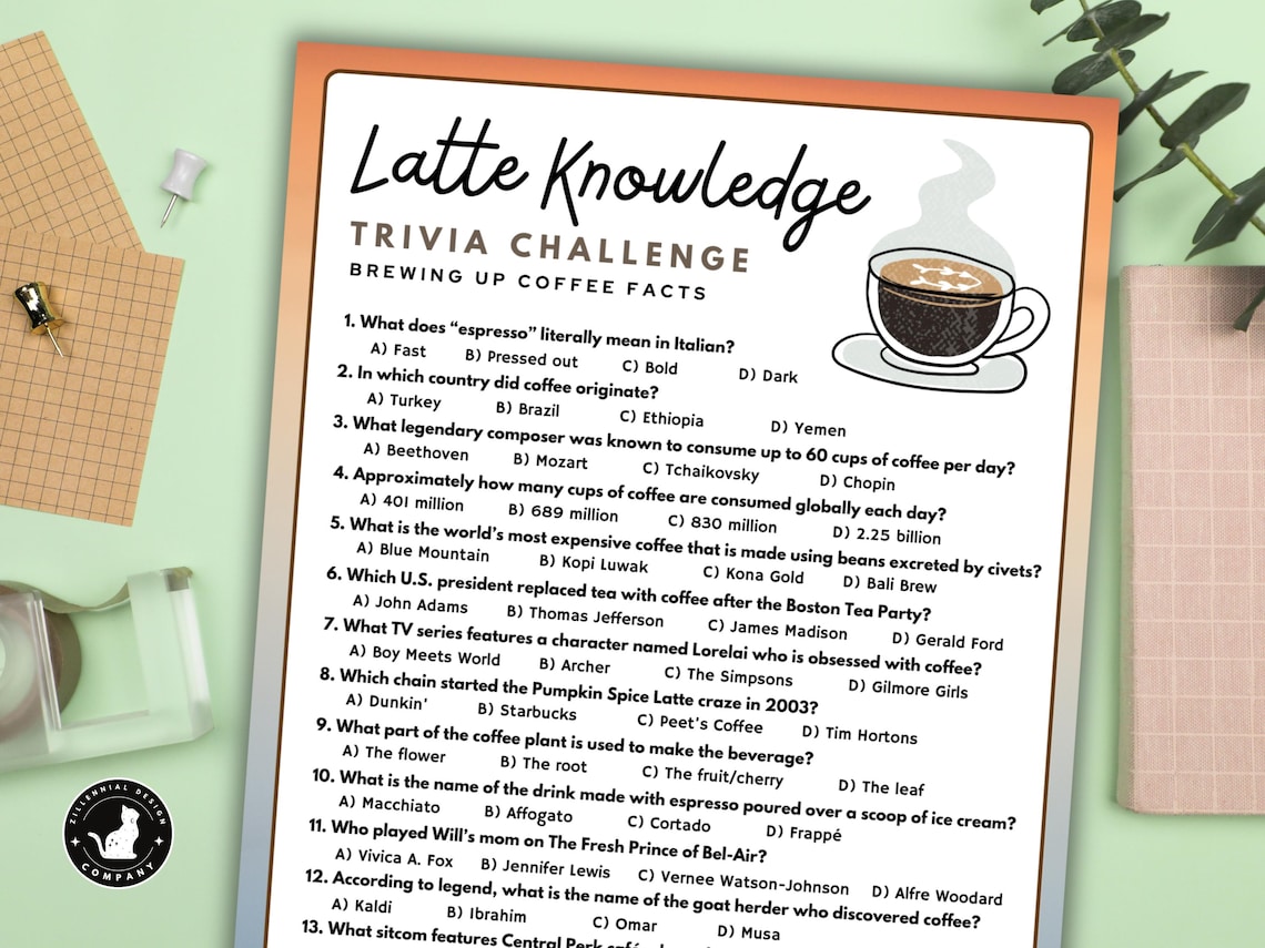 Coffee Trivia Game With Answers: Printable Cafe Quiz (PDF Download ...