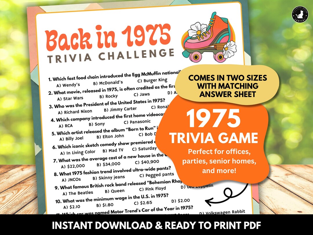1975 Trivia Game With Answers: Printable Party Activity for Parties ...