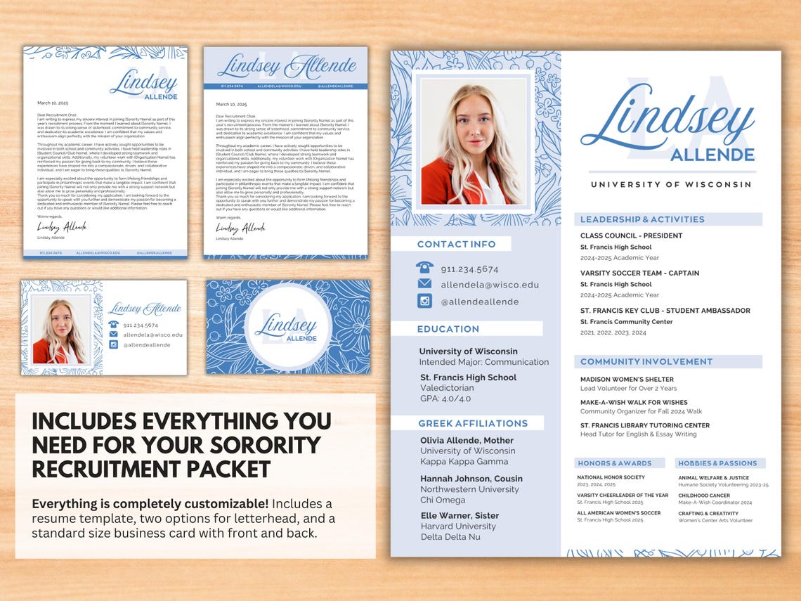Blue Chinoiserie Sorority Rush Resume Template: Editable Canva Bundle ...