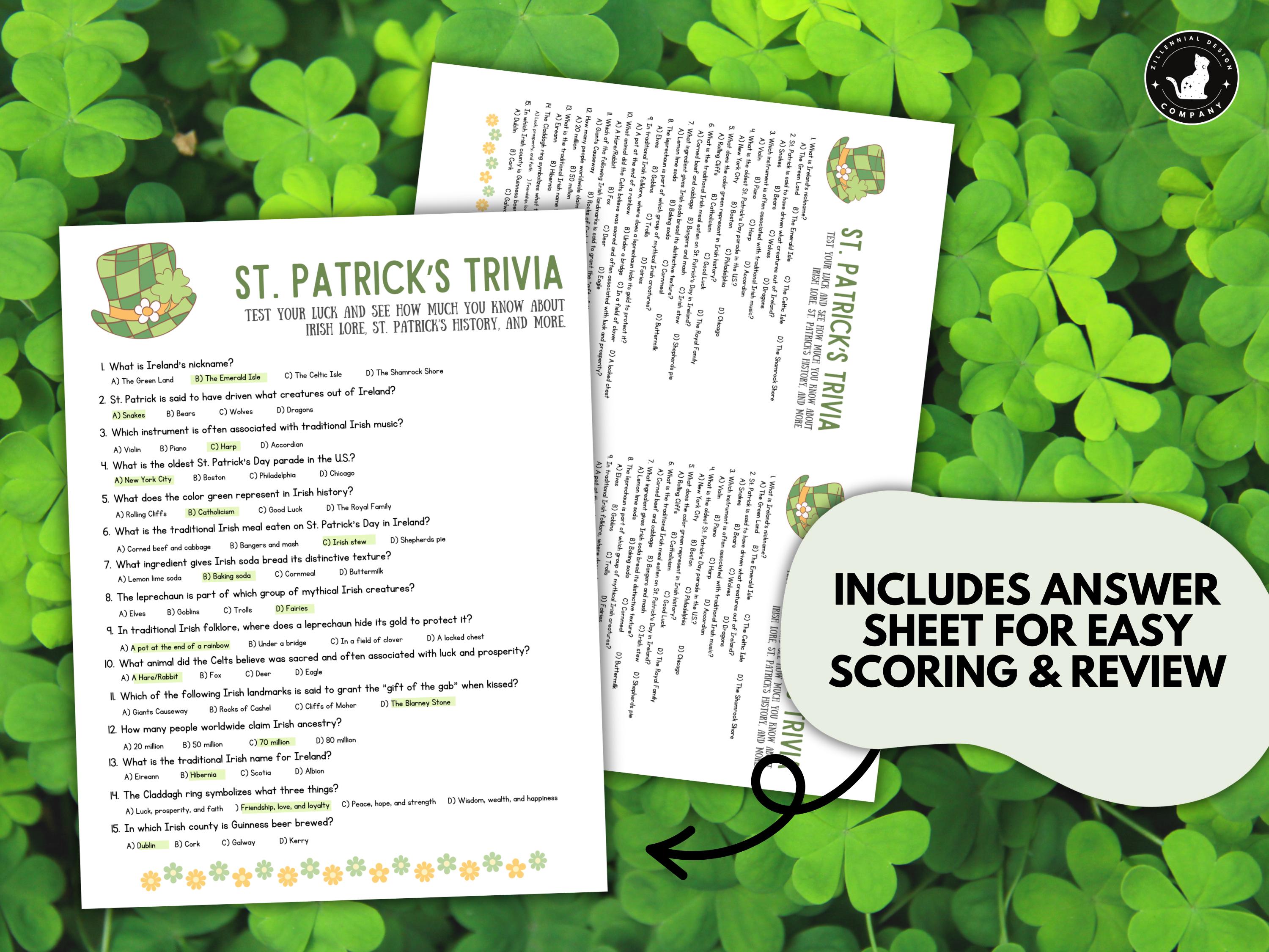 St Patricks Day Trivia Game Printable | Easy Activity St. Paddy Party ...