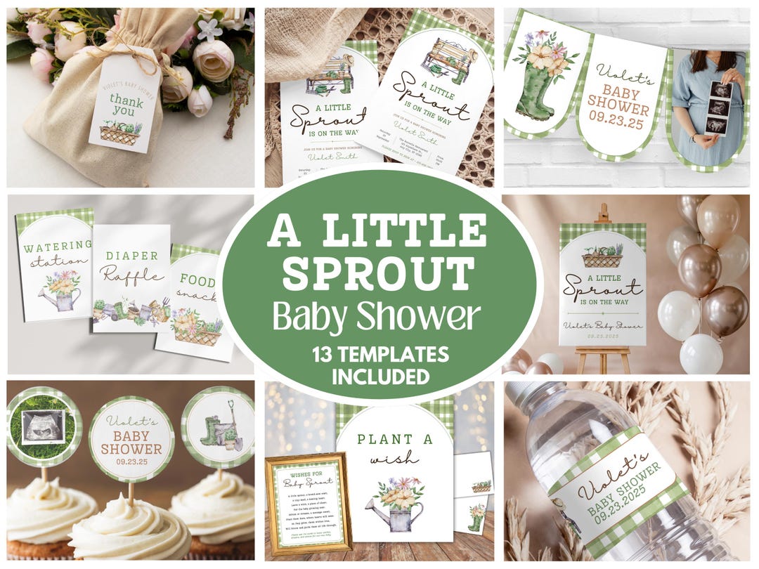 Little Sprout Baby Shower Bundle Invitation Canva Template | Green ...