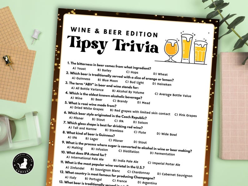 Printable Beer and Wine Trivia Questions Game | Fathers Day Restaurant ...