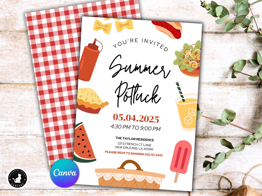 Editable Summer Potluck Picnic Invitation Canva Template for Printed or ...