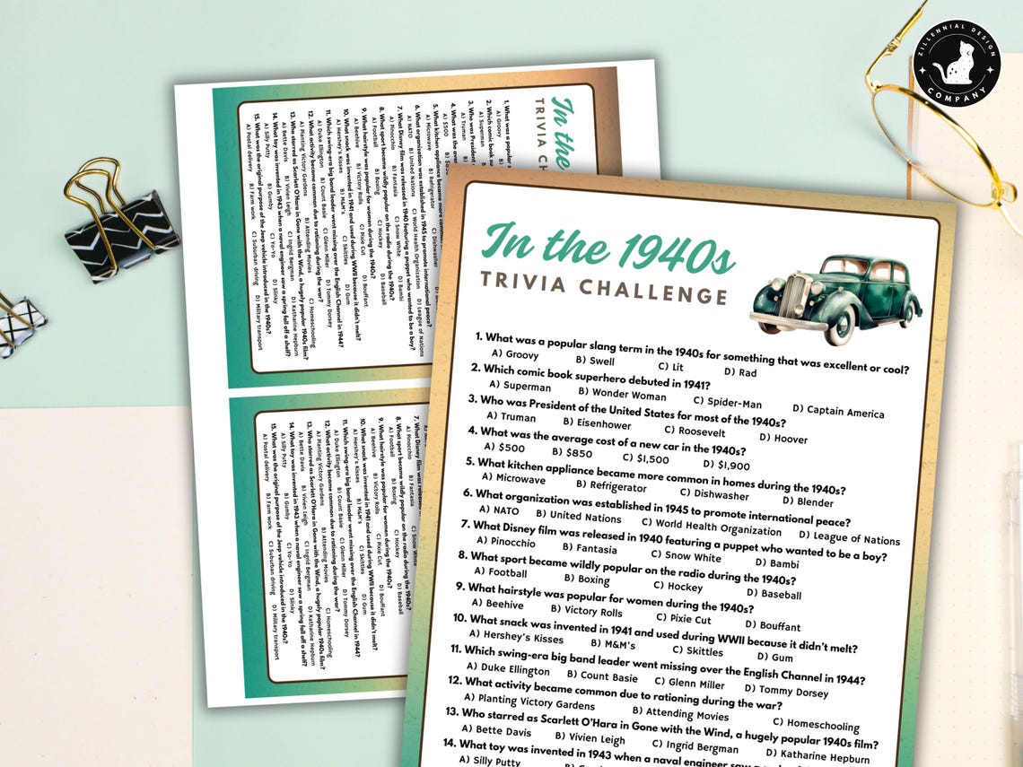 Printable 1940s Trivia Questions Game | Decades Trivia 1945 WWII Fun AP ...