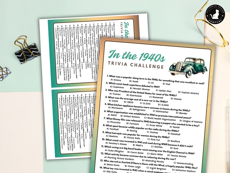 Printable 1940s Trivia Questions Game | Decades Trivia 1945 WWII Fun AP ...