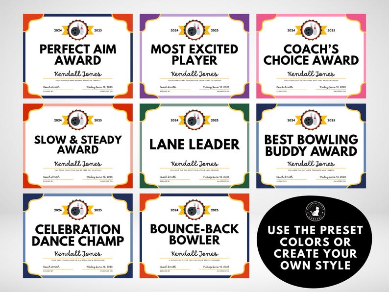 Funny Bowling Awards Certificates: Kids Sports Banquet Canva Template ...