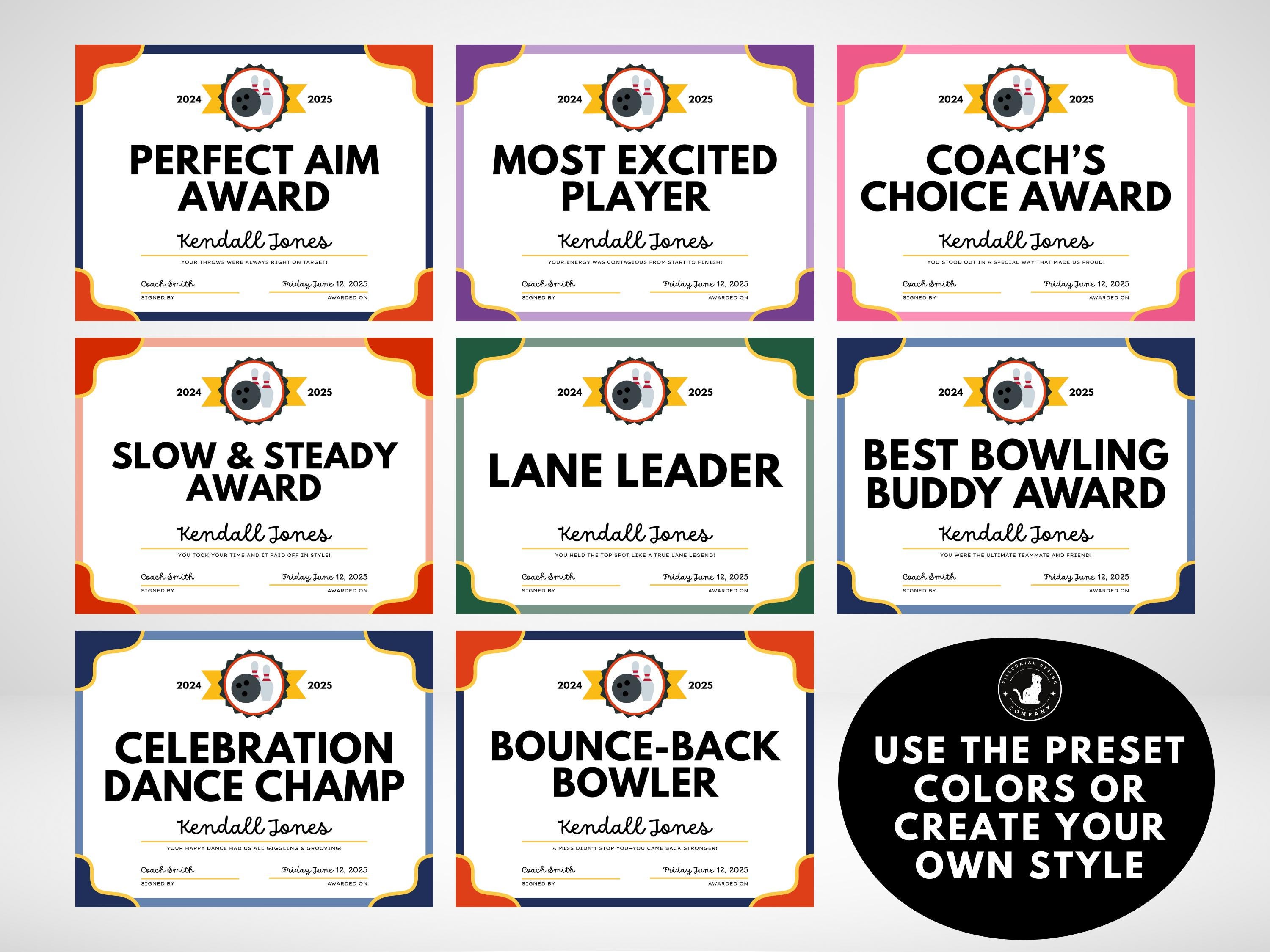 Funny Bowling Awards Certificates: Kids Sports Banquet Canva Template ...