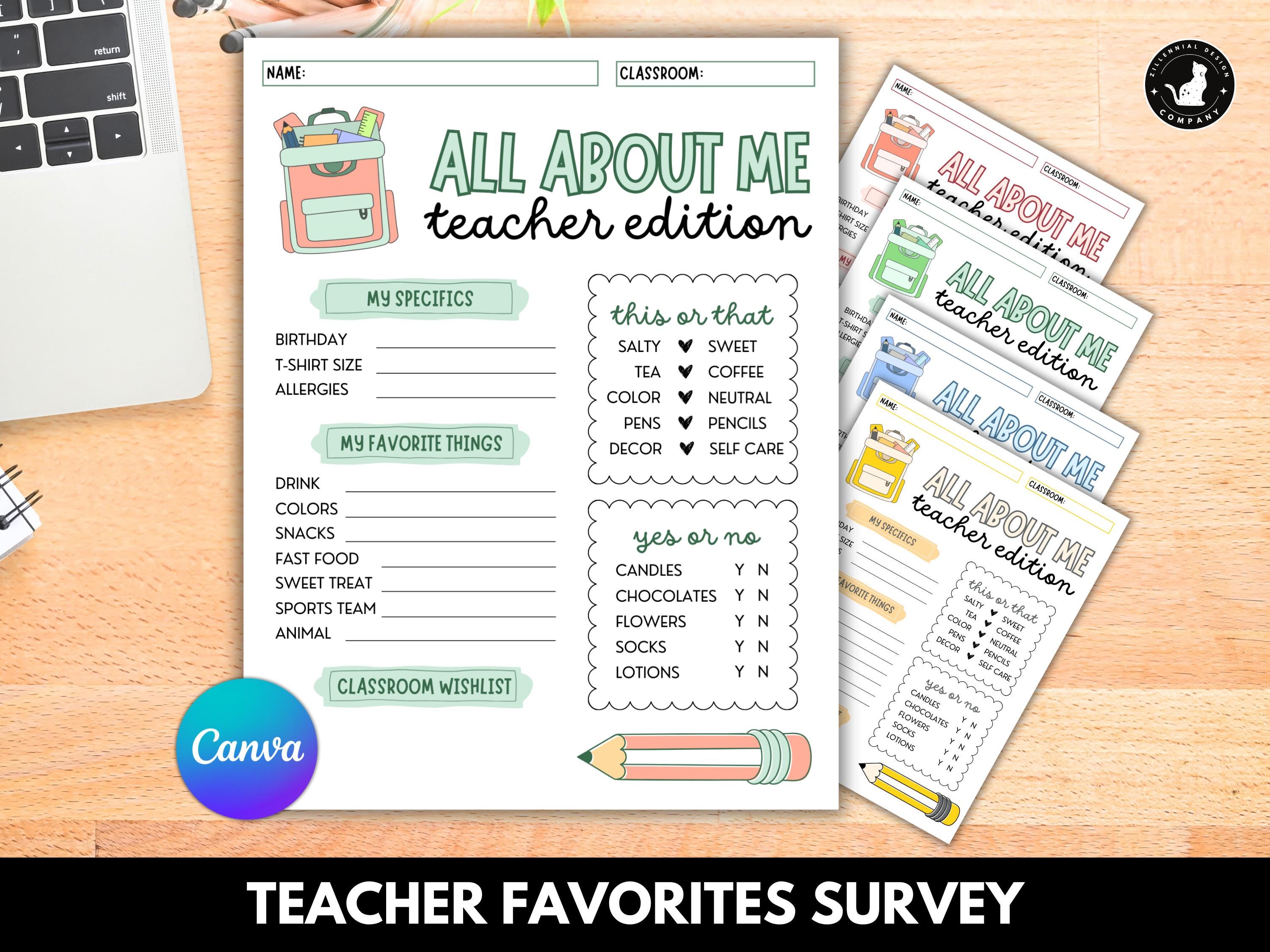 Teacher Appreciation Questionnaire Survey Favorite Things List ...