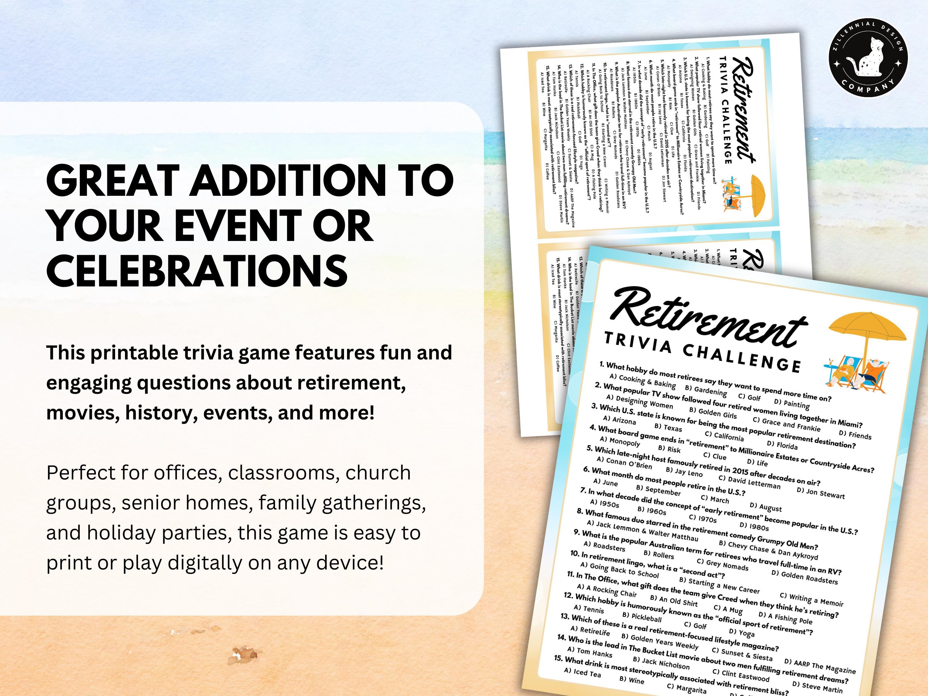 Retirement Trivia Game With Answers: Fun Party Questions (PDF Download ...