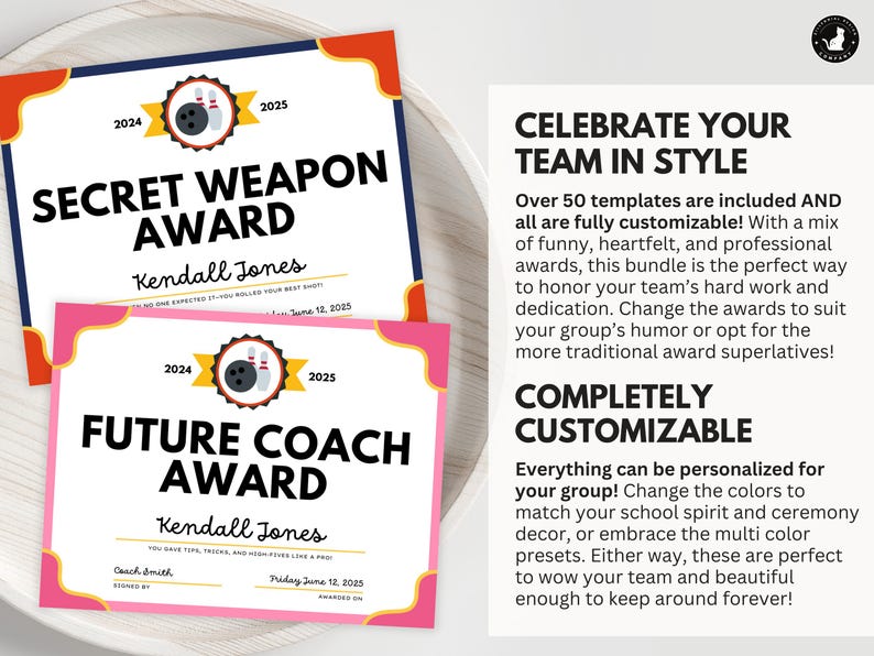 Funny Bowling Awards Certificates: Kids Sports Banquet Canva Template ...