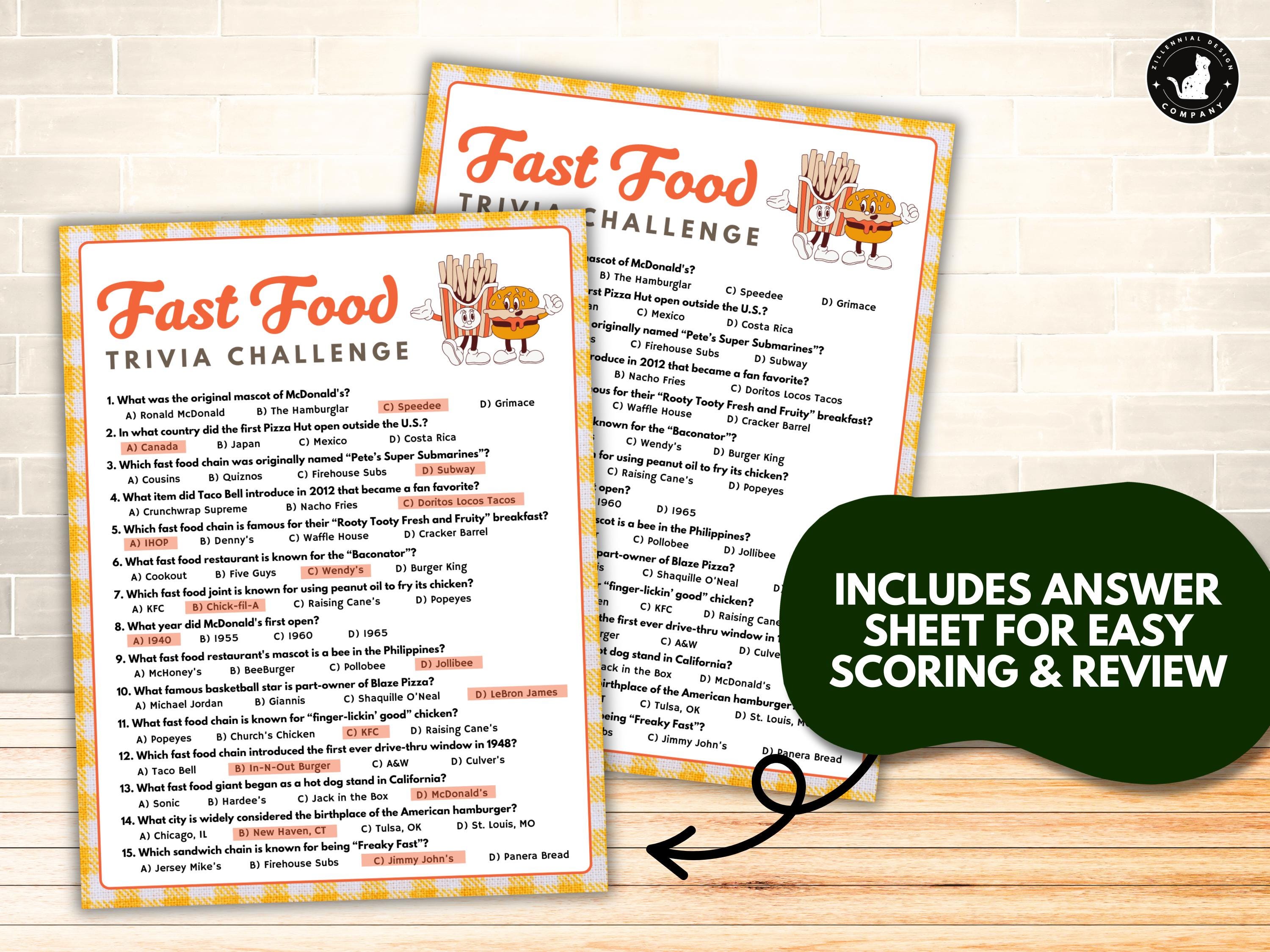 Fast Food Trivia Game With Answers: 15 Printable Questions Parties ...