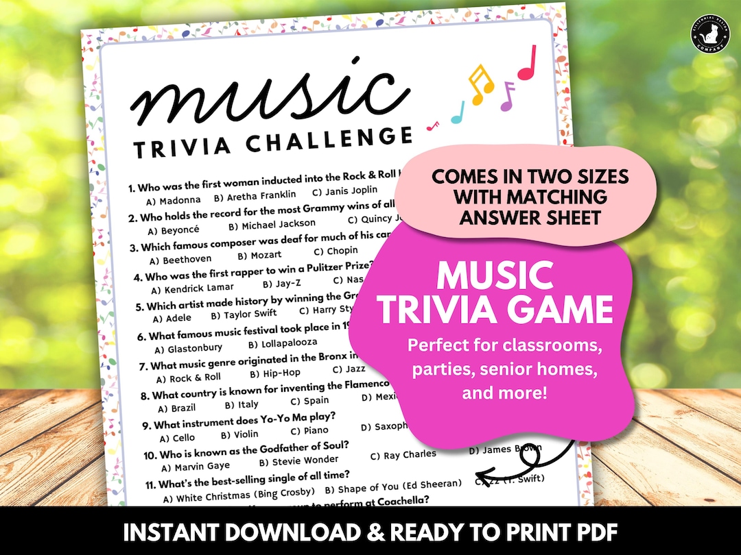 Music Trivia Quiz Game With Answers: 15 Printable Questions & Answers ...