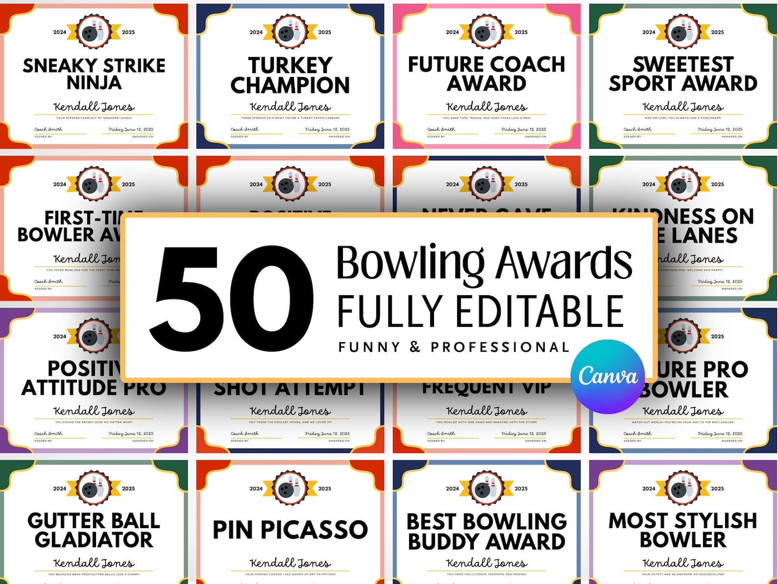Funny Bowling Awards Certificates: Kids Sports Banquet Canva Template ...