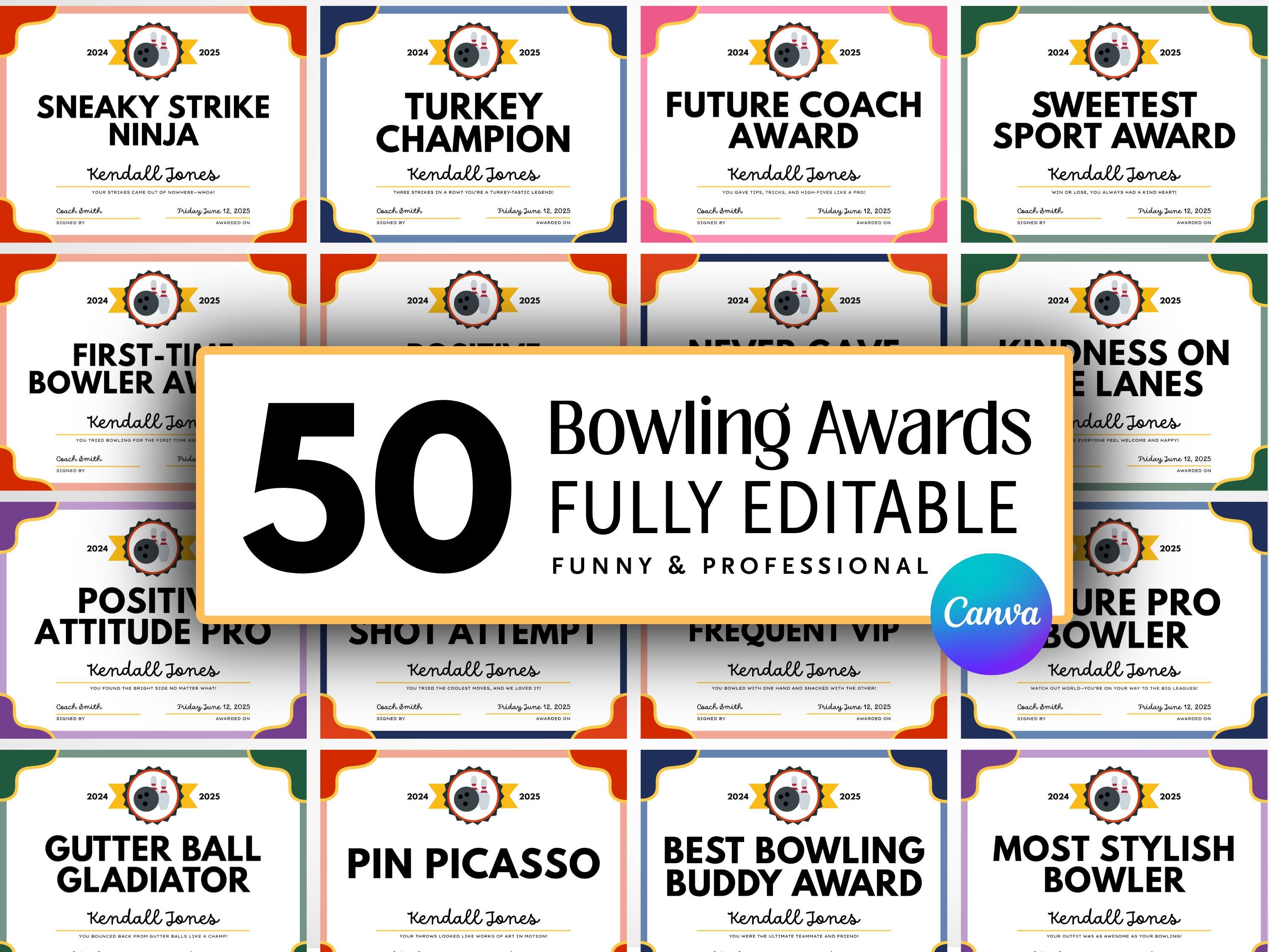 Funny Bowling Awards Certificates: Kids Sports Banquet Canva Template ...