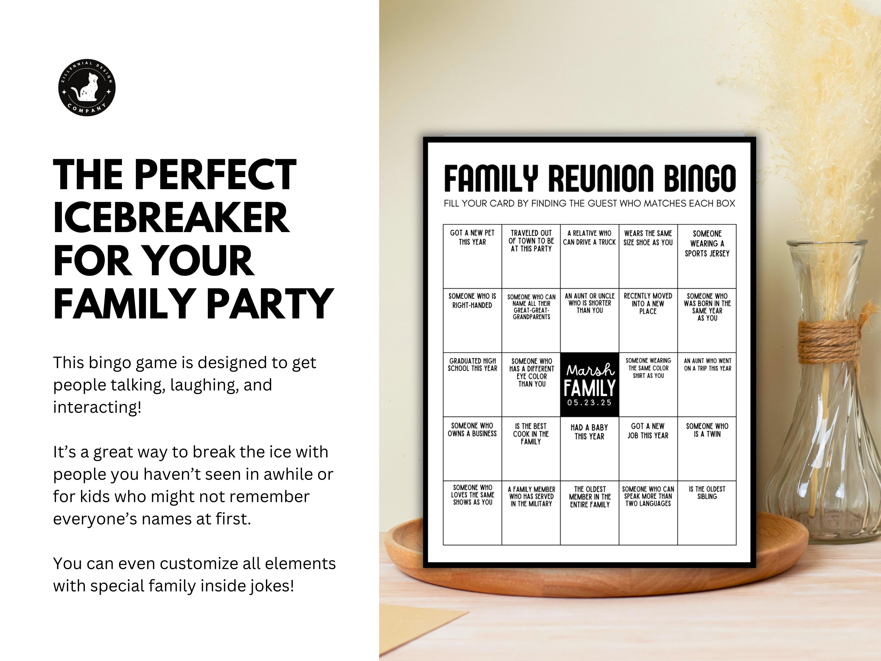 Family Reunion Bingo Game Printable Canva Template | Custom Find the ...