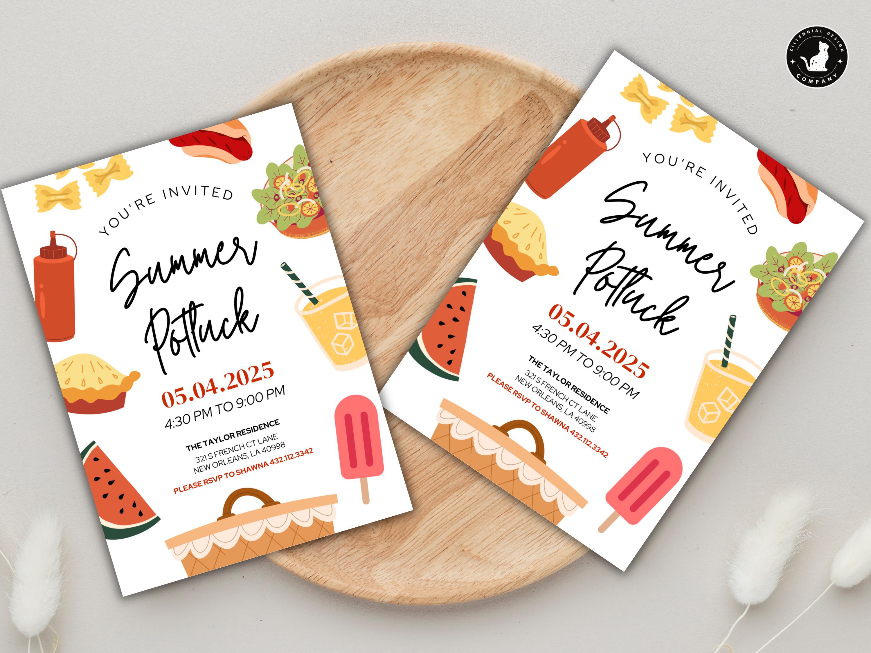 Editable Summer Potluck Picnic Invitation Canva Template for Printed or ...