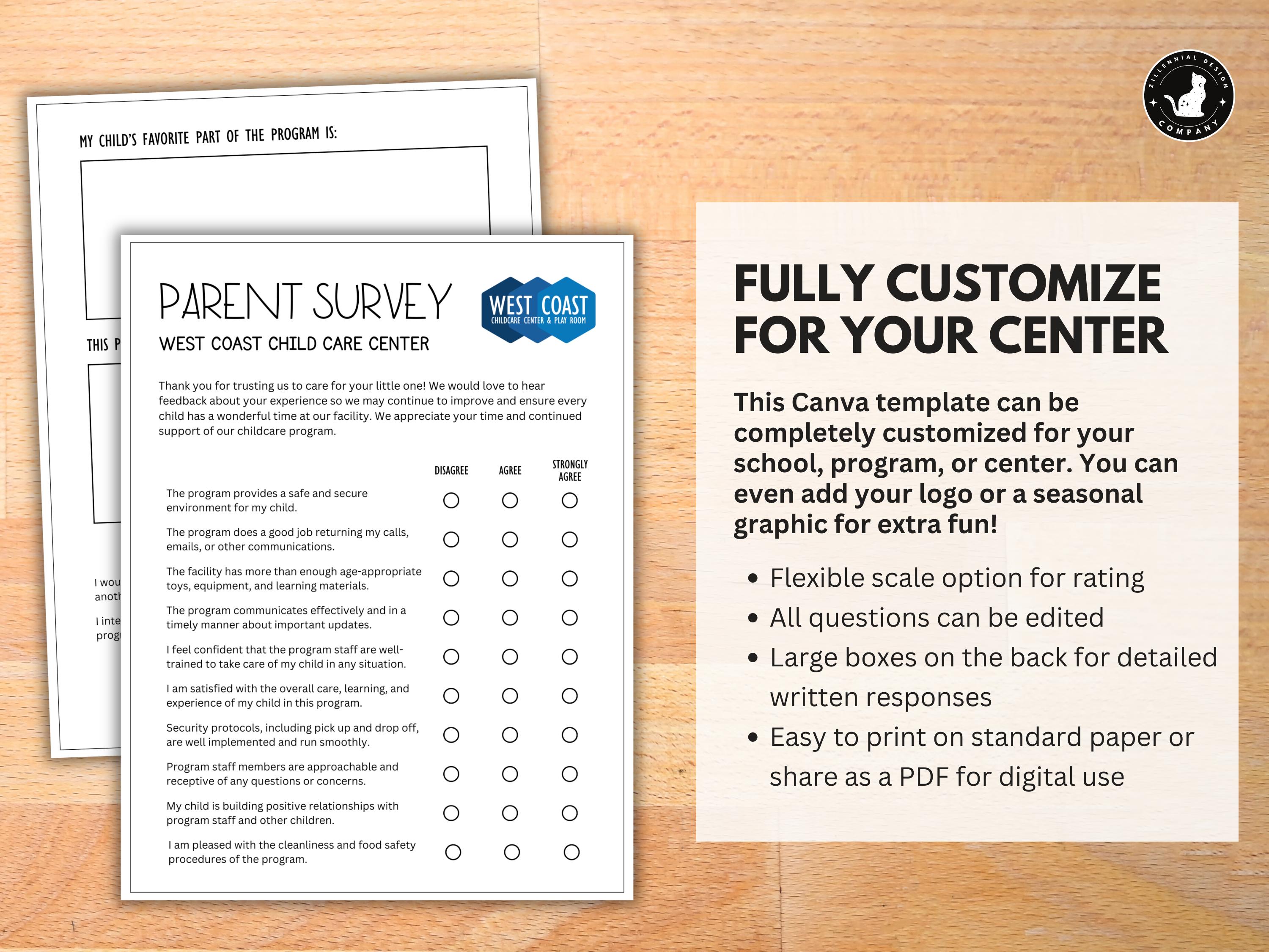 Parent Survey Printable Preschool Daycare Form Child Care Centers ...