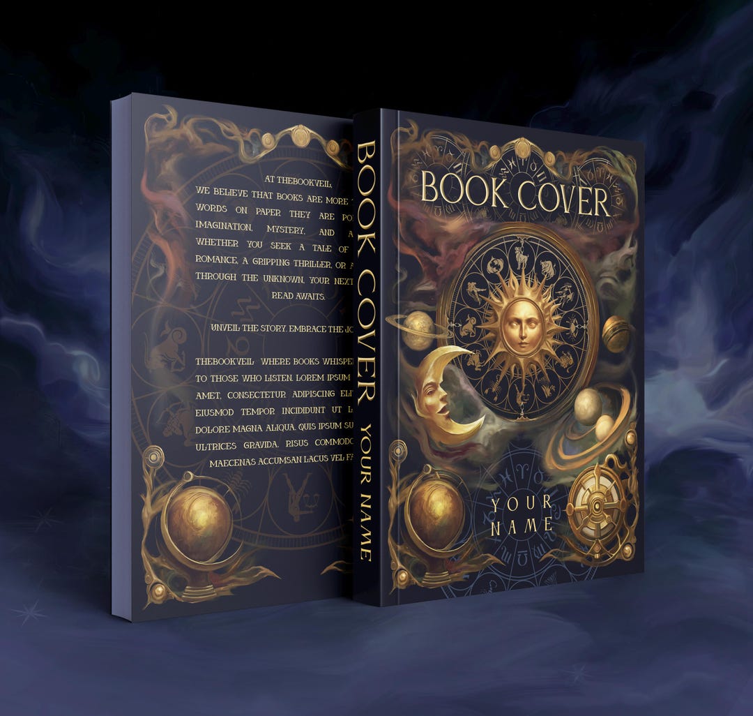 Premade Mystical Book Cover – Golden Moon & Sun | Customizable Design ...