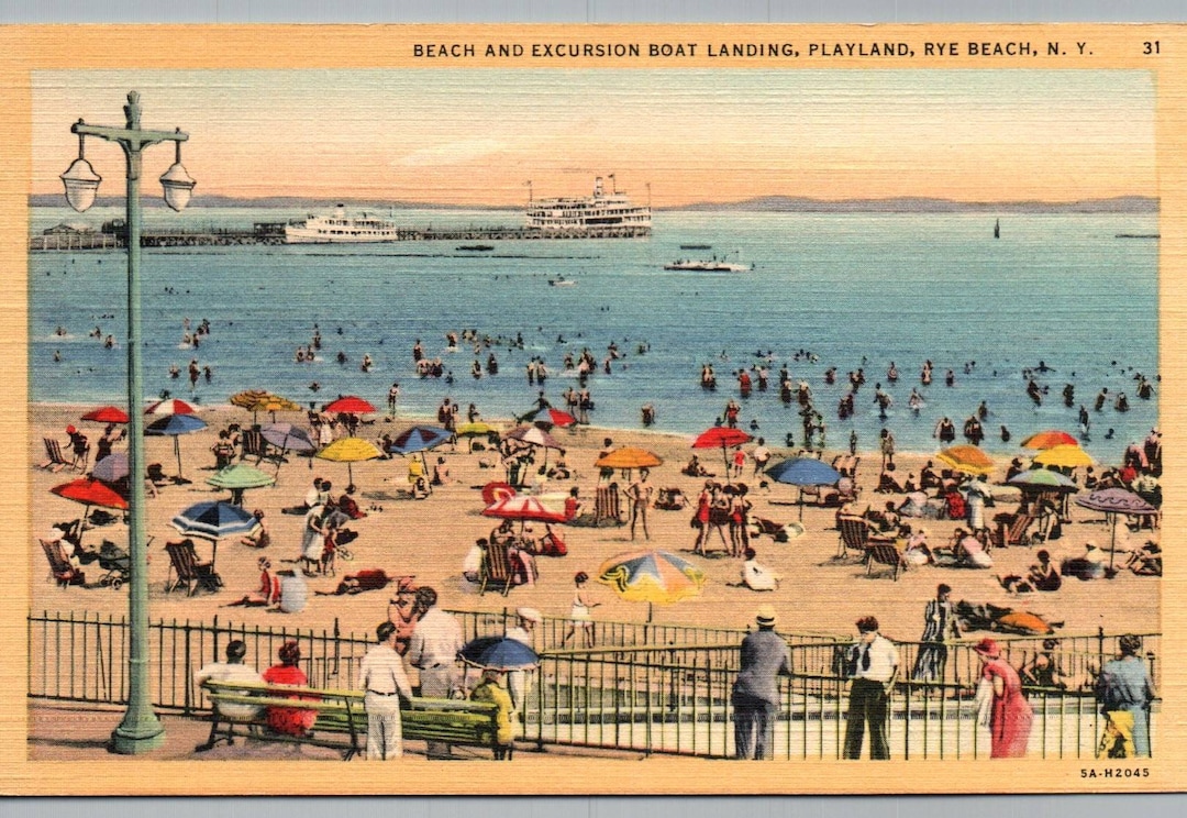 Rye Beach New York Vintage Postcard of Beach and Excursion Boat Landing ...